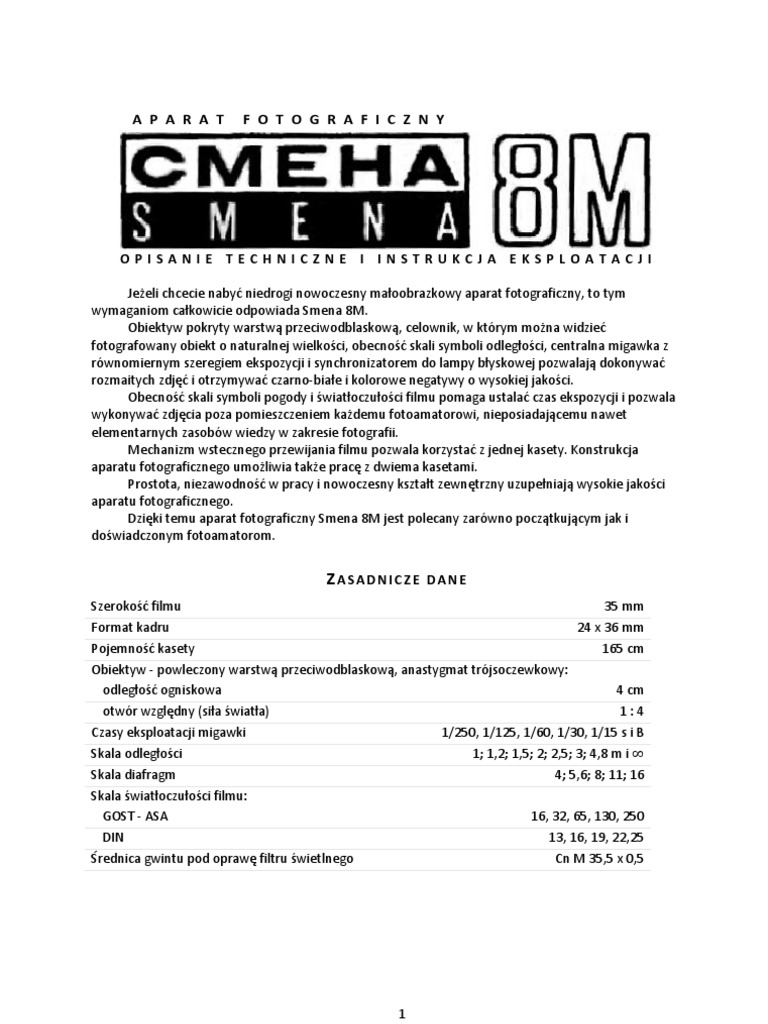 Smena 8m - Instrukcja Obsługi Po Polsku | PDF