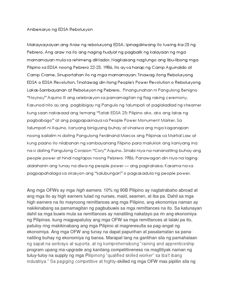 Anibersaryo NG EDSA Rebolusyon | PDF