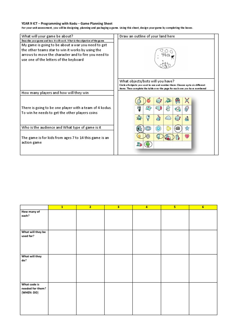 Kodu Game Design Planning Sheet | PDF | Games & Activities
