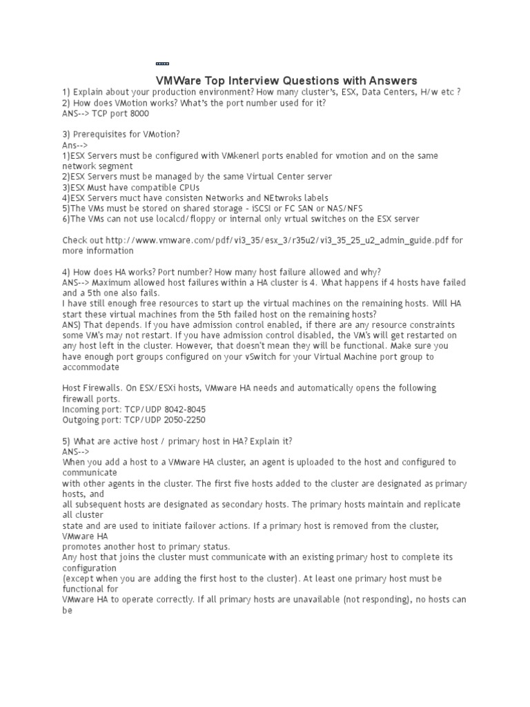 VMWare Top Interview Questions With Answers | PDF | V Mware | Computer Cluster