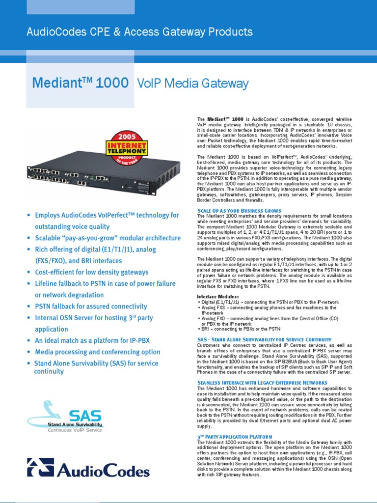 Mediant 1000 Datasheet | PDF | Voice Over Ip | Communications Protocols
