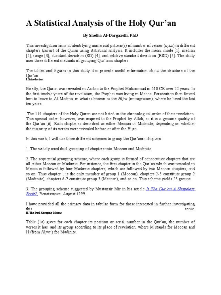 A Statistical Analysis of The Holy Quran | PDF | Arithmetic Mean | Quran