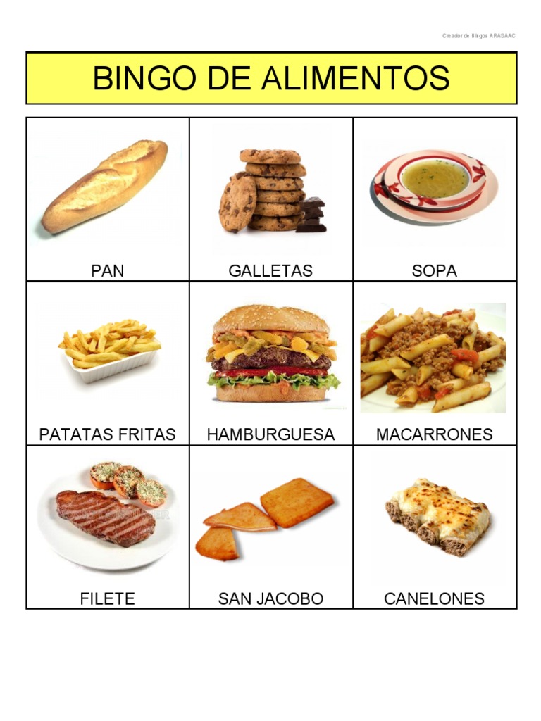 Bingo de Alimentos Con Imagenes