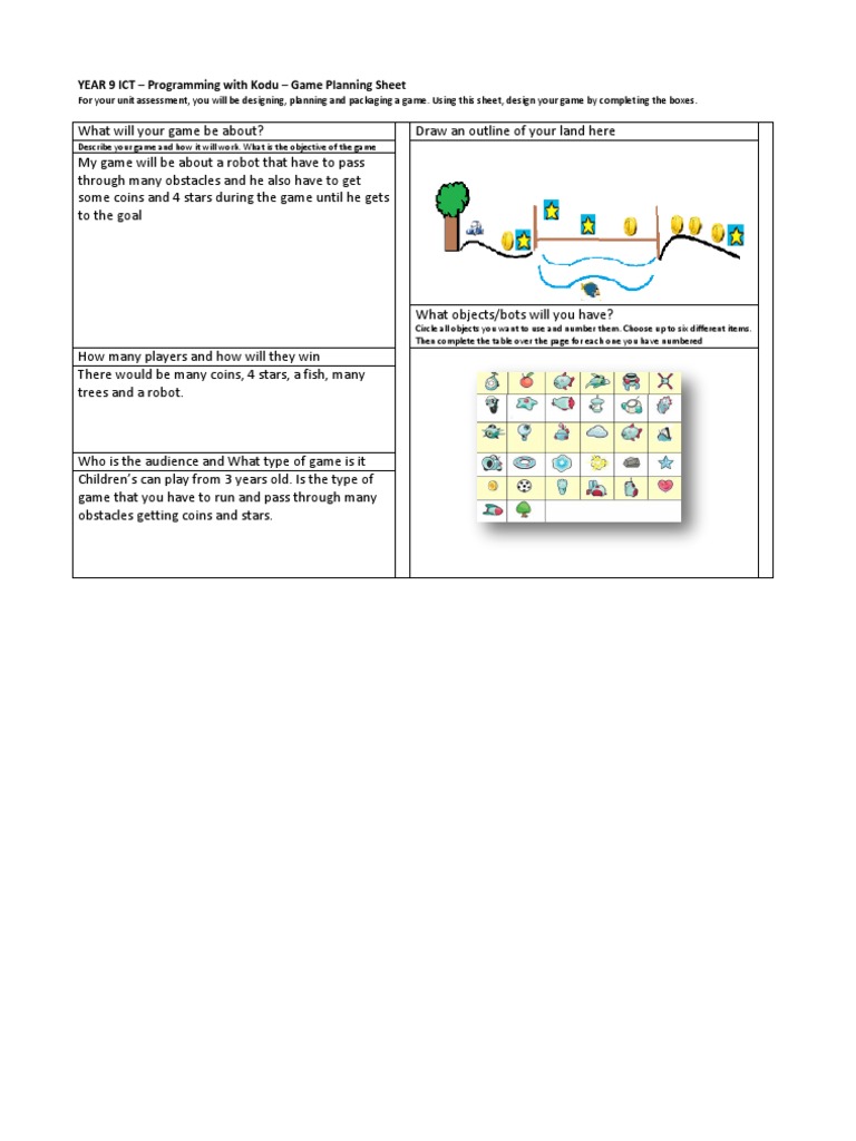 YEAR 9 ICT - Programming With Kodu - Game Planning Sheet | PDF | Sports ...
