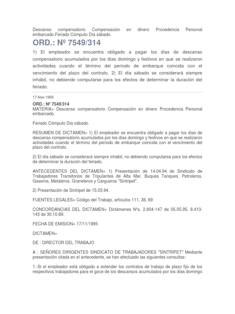 Descanso Compensatorio Compensación en Dinero Procedencia Personal ...