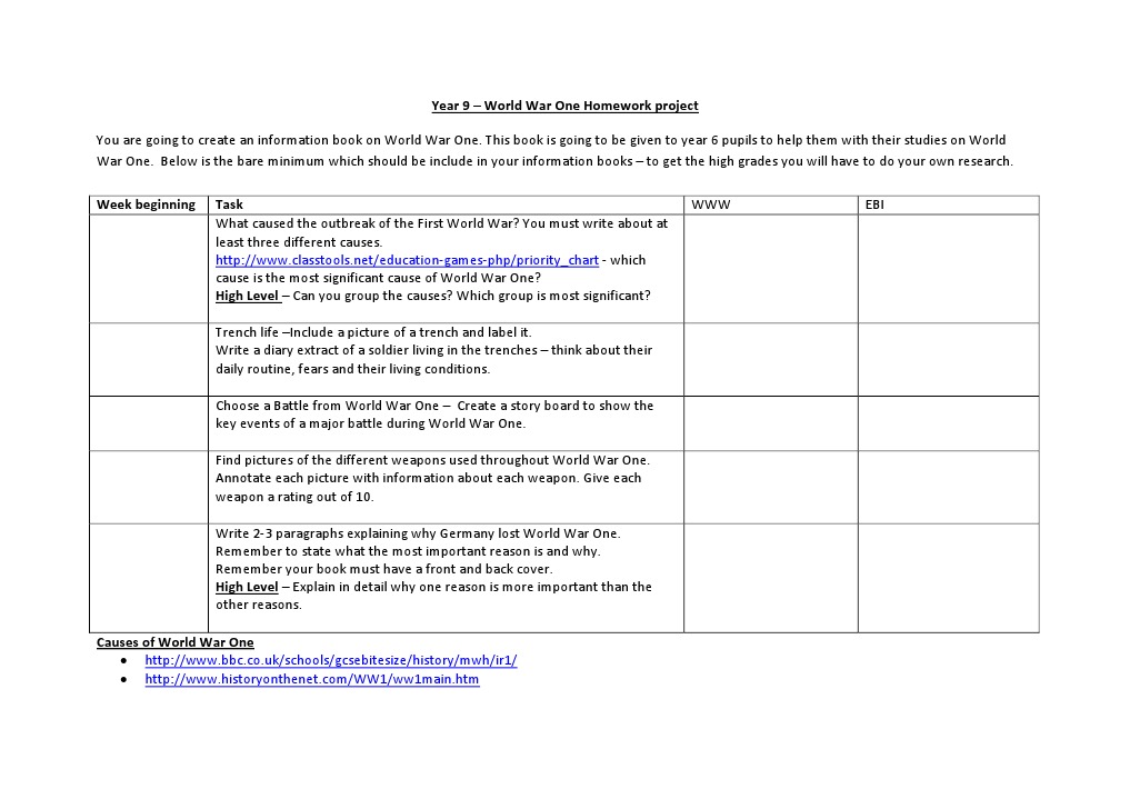 Year 9 - World War One Homework Project - Take 2 | PDF | World War I ...