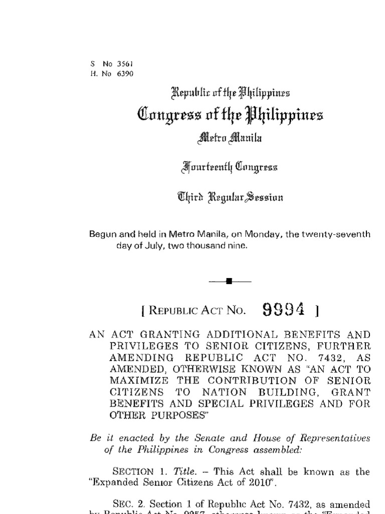 Republic Act No. 9994 - Expanded Senior Citizens Act of 2010 | PDF ...