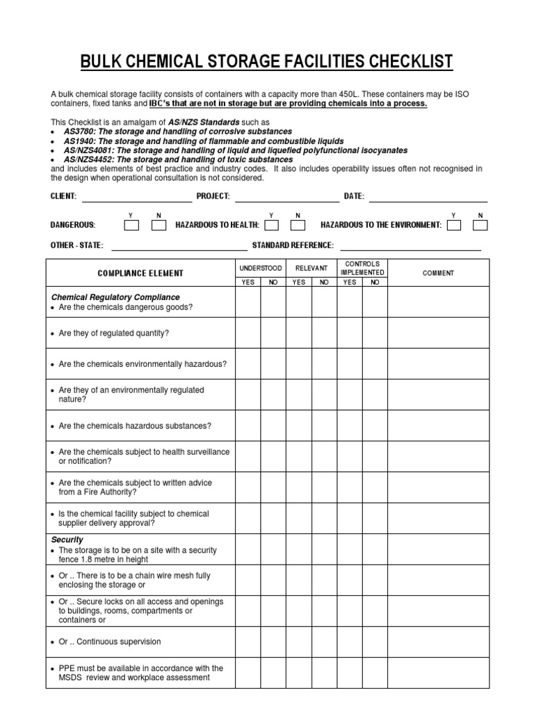 Bulk Chemical Storage Safety Checklist | PDF | Dangerous Goods | Pump