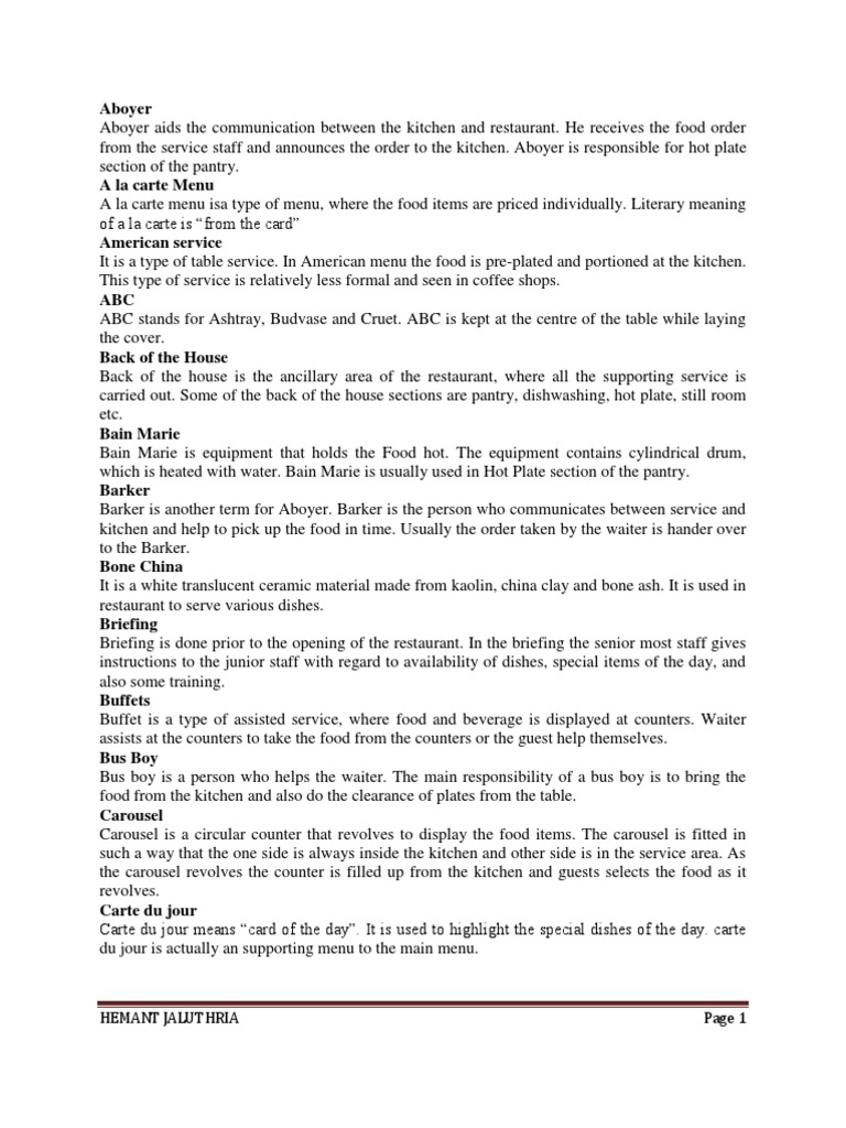 F&B Basic Terminology | PDF | Tableware | Menu