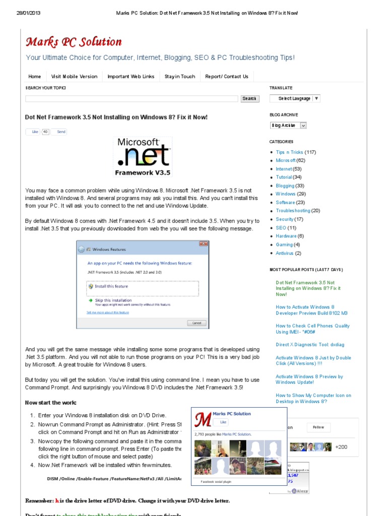 Install .Net Framework 3 On Windows 8 | PDF | Windows 8 | Microsoft Windows