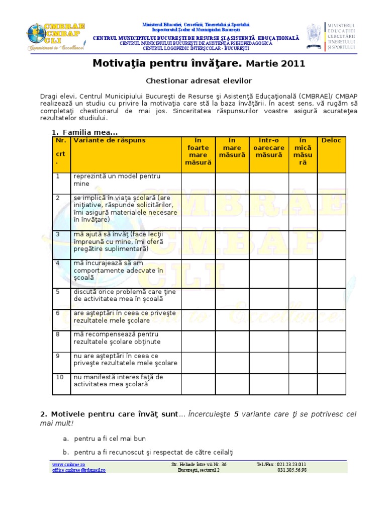 Chestionar Elevi /motivatia Invatarii | PDF