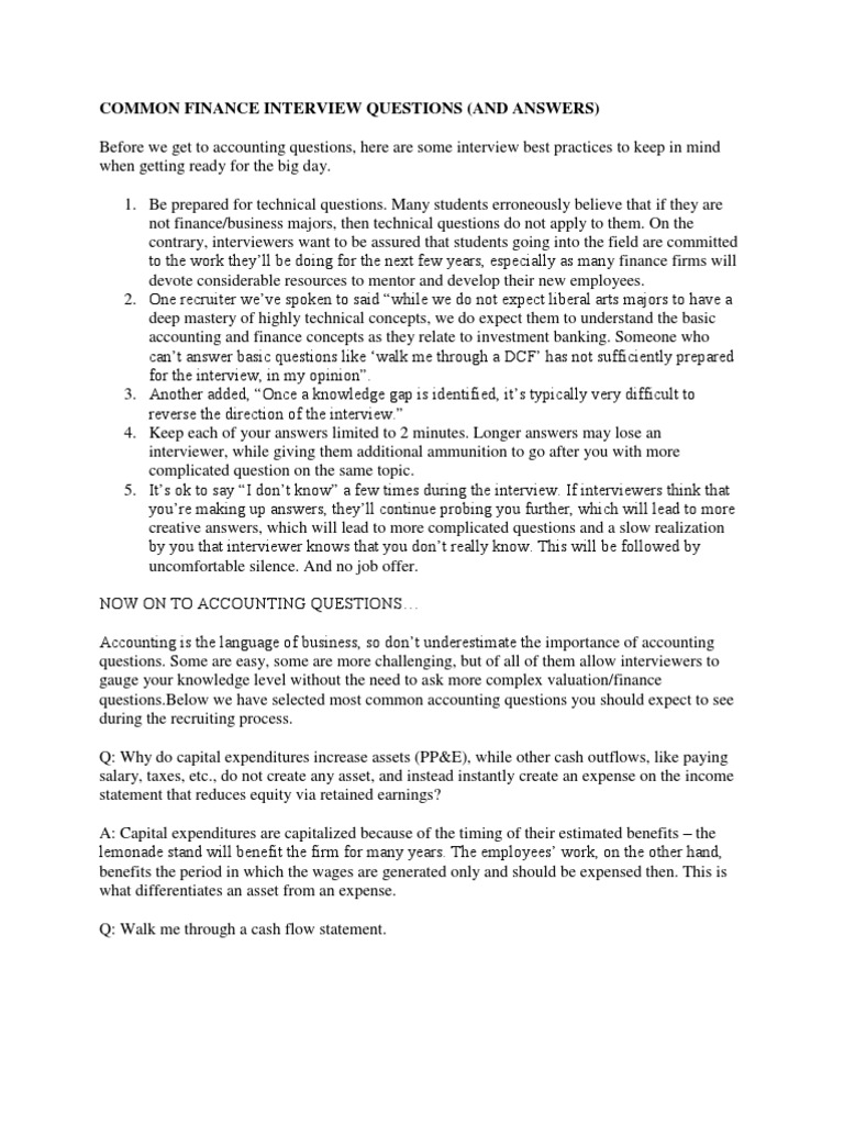 Common Finance Interview Questions | PDF | Cash Flow Statement | Expense
