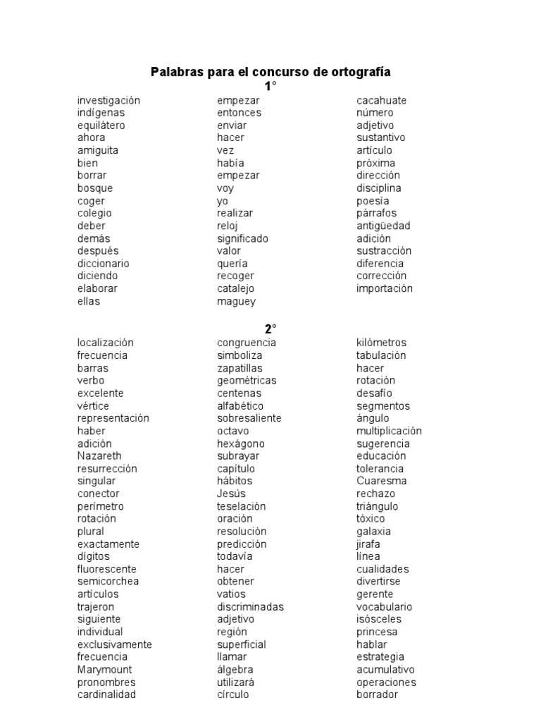 Lista Palabras Concurso de Ortografia | Idiomas | Matemática