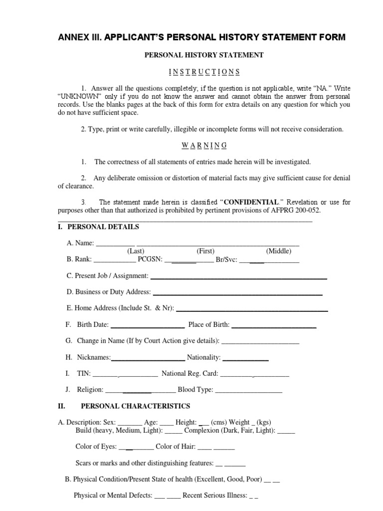 Annex III Personal History Statement Form | PDF | Arrest | Marriage