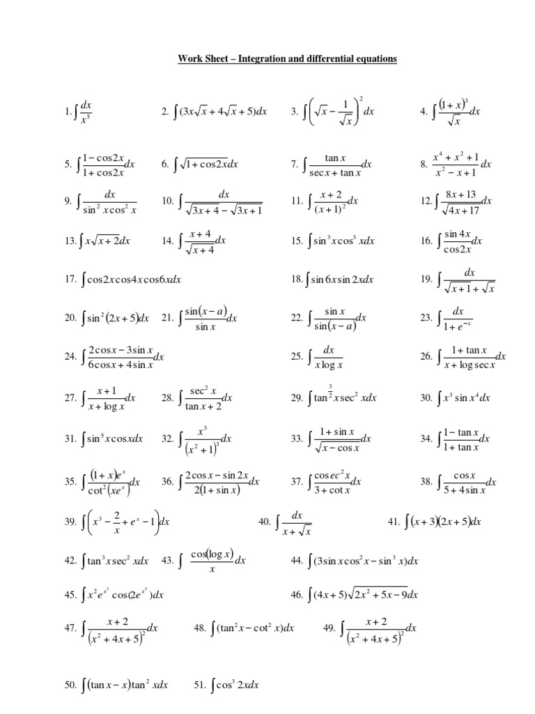 Integration and Differential Equations Worksheet | PDF | Trigonometric Functions | Space