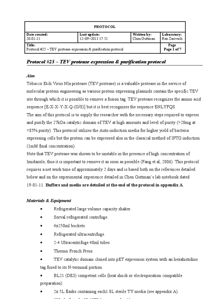 TEV Protease Purification Protocol | PDF | Protease | Proteins