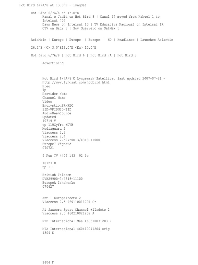 Hot Bird 6-7A-8 at 13 - 0°E - LyngSat | PDF | Television Network ...