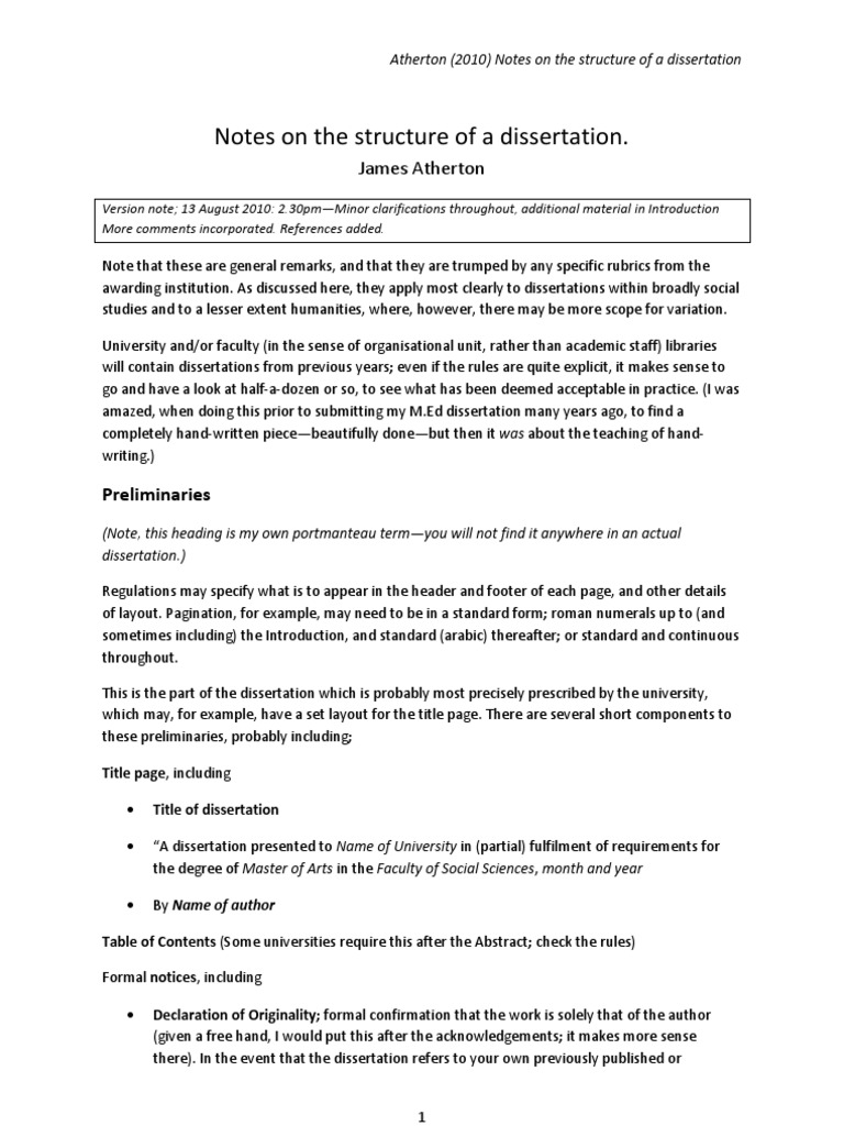 Notes On The Structure Of A Dissertation James Atherton Pdf