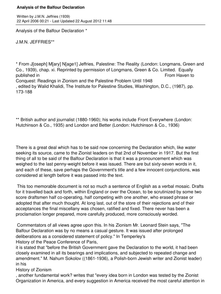 Analysis of The Balfour Declaration | PDF | Zionism | Mandatory Palestine