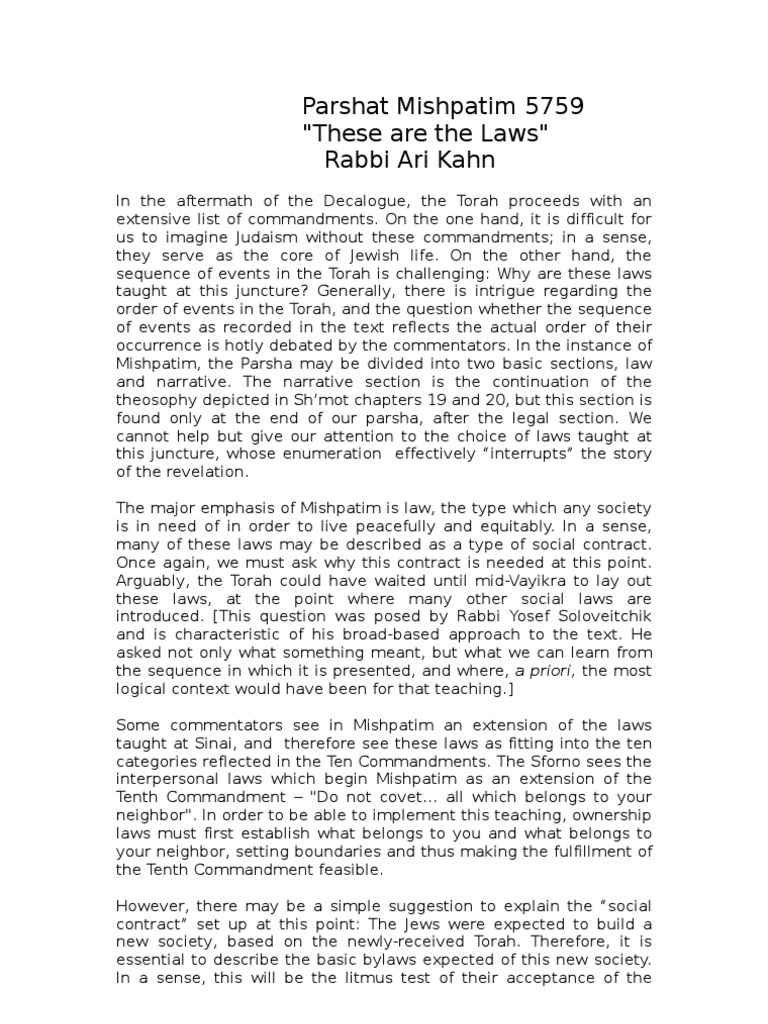 Parshat Mishpatim 5759 "These Are The Laws" Rabbi Ari Kahn | PDF | Ten ...