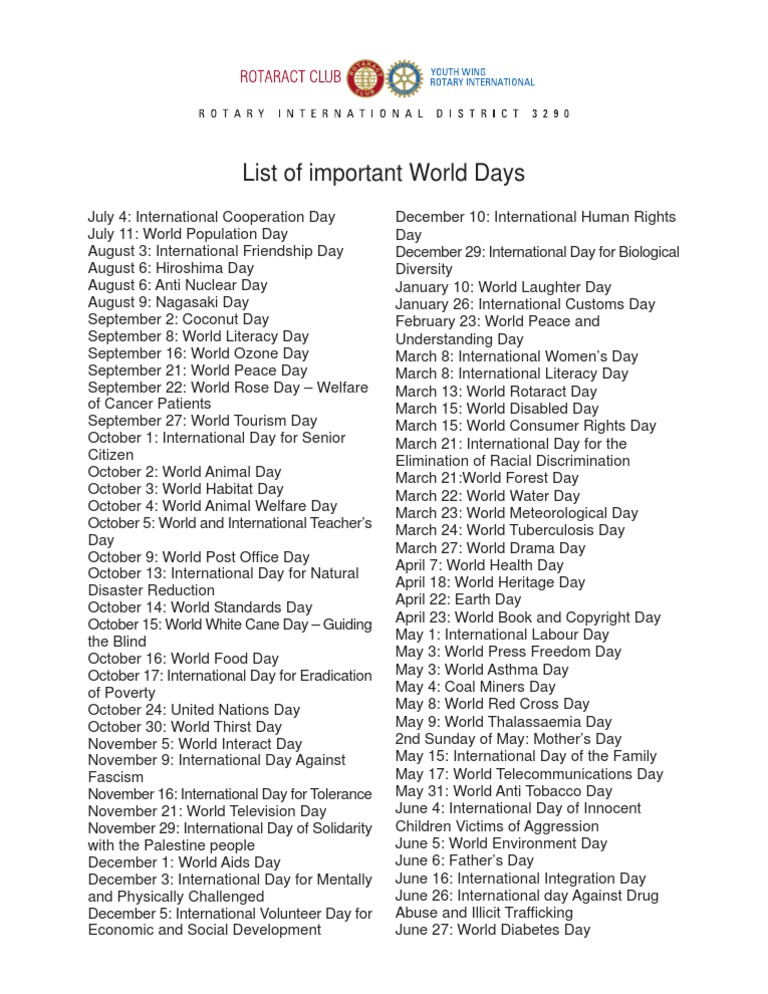 List of Important World Days | PDF | Public Sphere | Applied Ethics