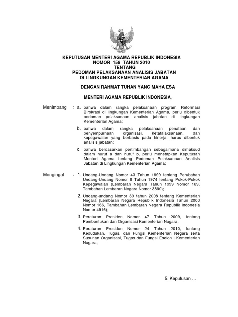 KMA 158 Tahun 2010 Tentang Pedoman Pelaksanaan Anjab Kemenag | PDF