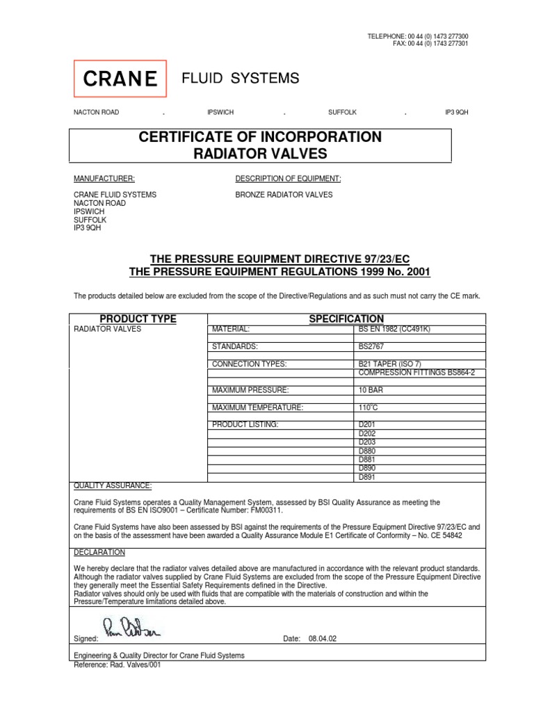 Certificate of Incorporation Radiator Valves | PDF | Valve | Iso 9000
