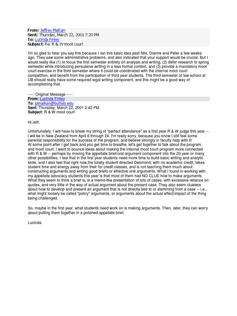 Lucinda Finley - Jeffrey Malkan E-Mail Exchanges | PDF | Brief (Law ...