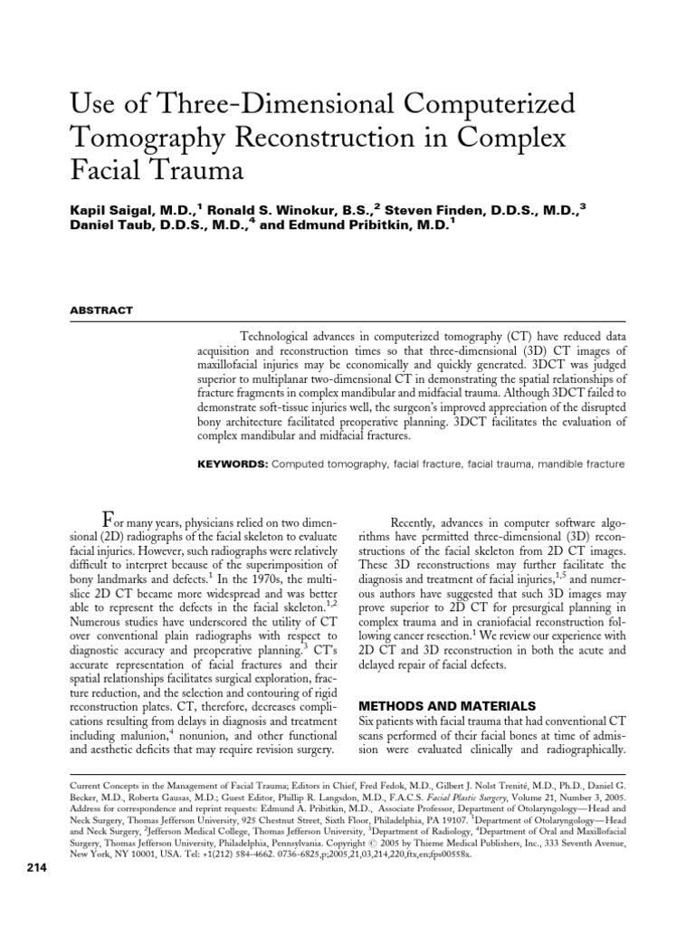 Use of Three Dimensional Computerized Tomography Reconstruction in Complex Facial Trauma | PDF ...