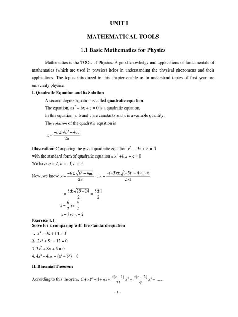 Unit I Mathematical Tools 1.1 Basic Mathematics For Physics: I ...