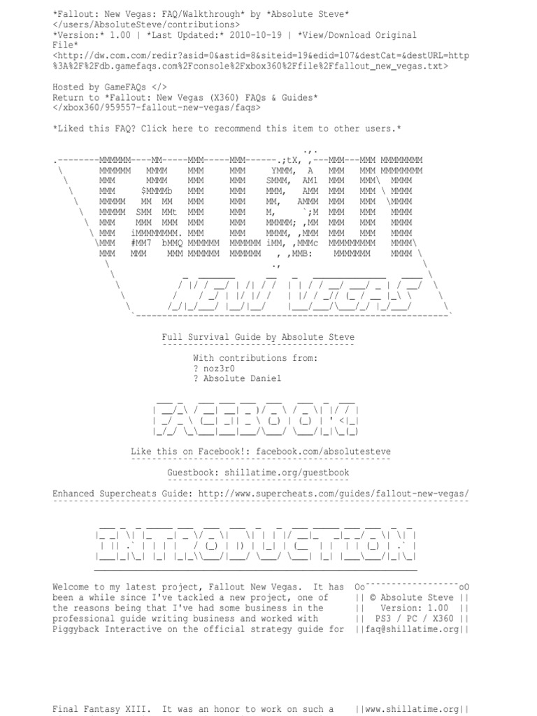 GameFAQs Fallout New Vegas (X360) FAQ - Walkthrough by Absolute Steve ...