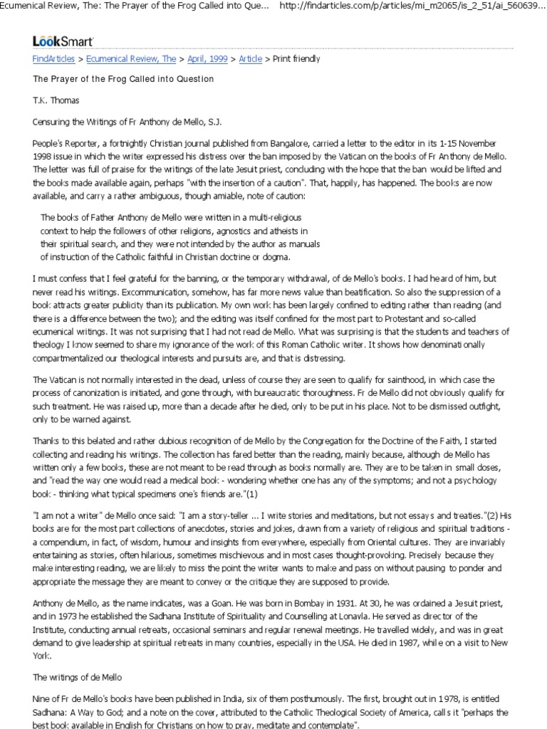 The - The Prayer of The Frog Called Into Question. | PDF | Prayer ...