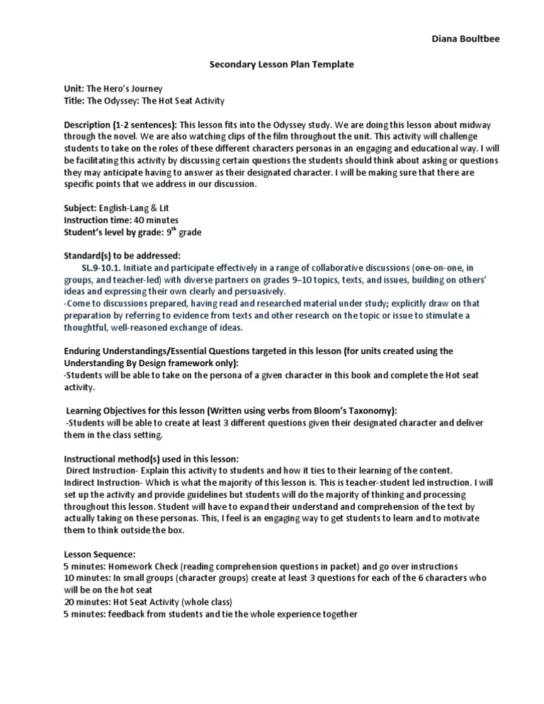 Odyssey Hot Seat Activity Plan | PDF | Lesson Plan | Reading Comprehension