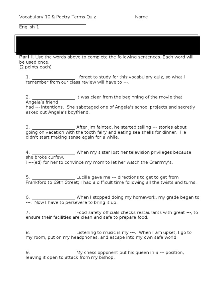 Vocabulary & Poetry Quiz | PDF | Poetry | Poetics