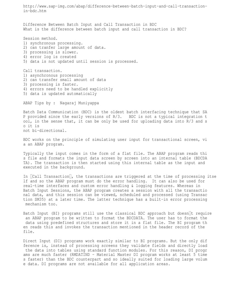 Difference Between Batch Input and Session Call Transaction | PDF | Database Transaction | Data