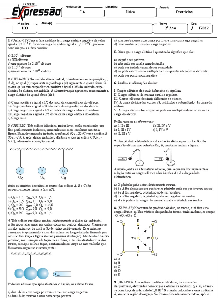 Exercicios De Eletrostatica Pdf Carga Elétrica Elétron