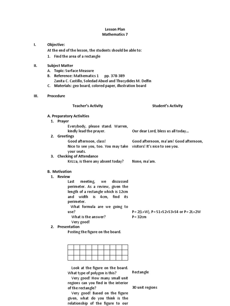 Lesson Plan - Math 7 | PDF | Area | Lesson Plan