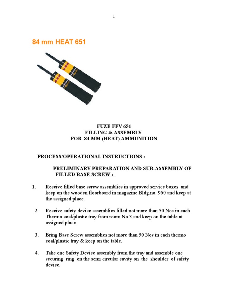 Fuze FFV 651 Filling & Assembly 84 MM HEAT | PDF | Fuze | Switch