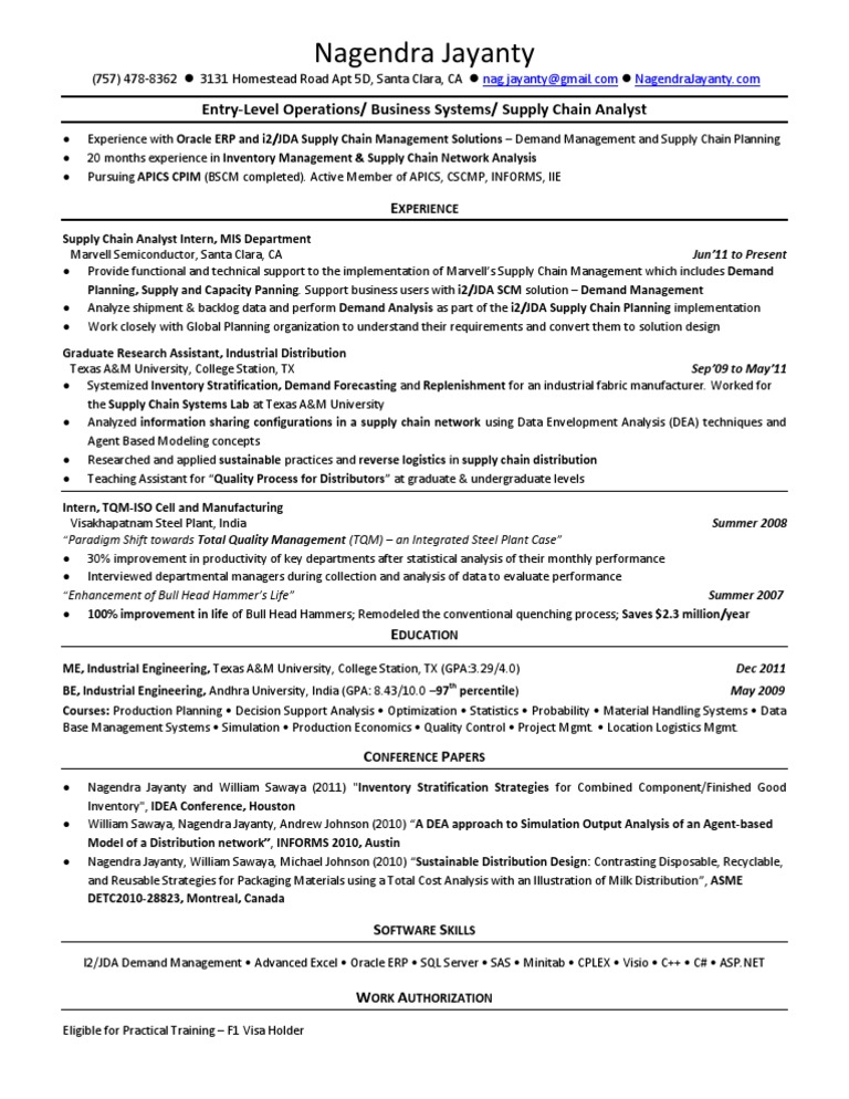 54599967 Entry Level Supply Chain Resume Nagendra Jayanty Supply 
