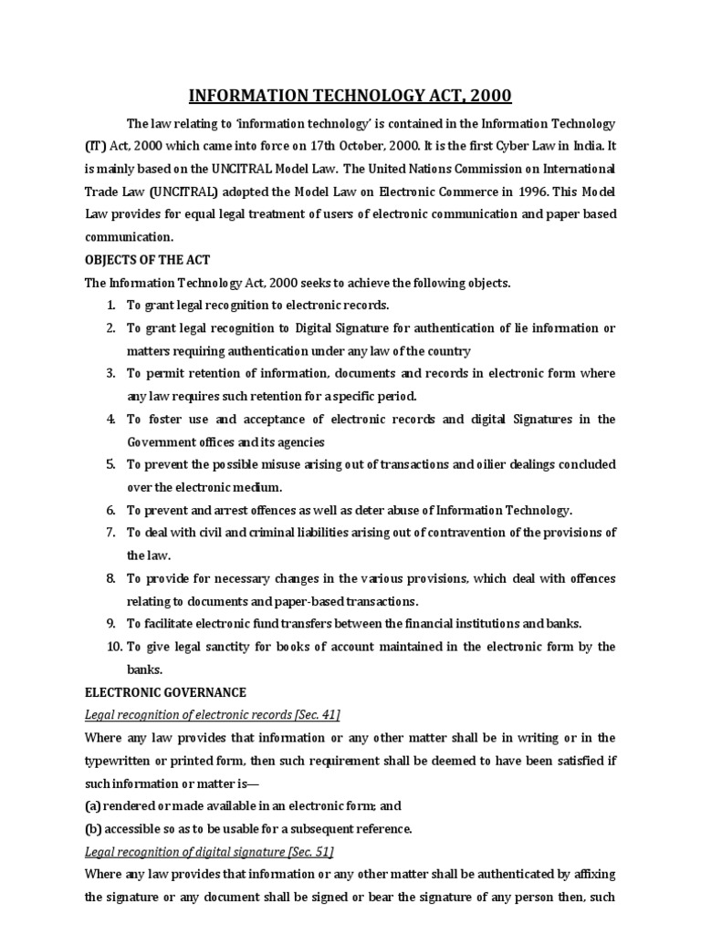 Information Technology Act, 2000: Objects of The Act | PDF | Public Key ...