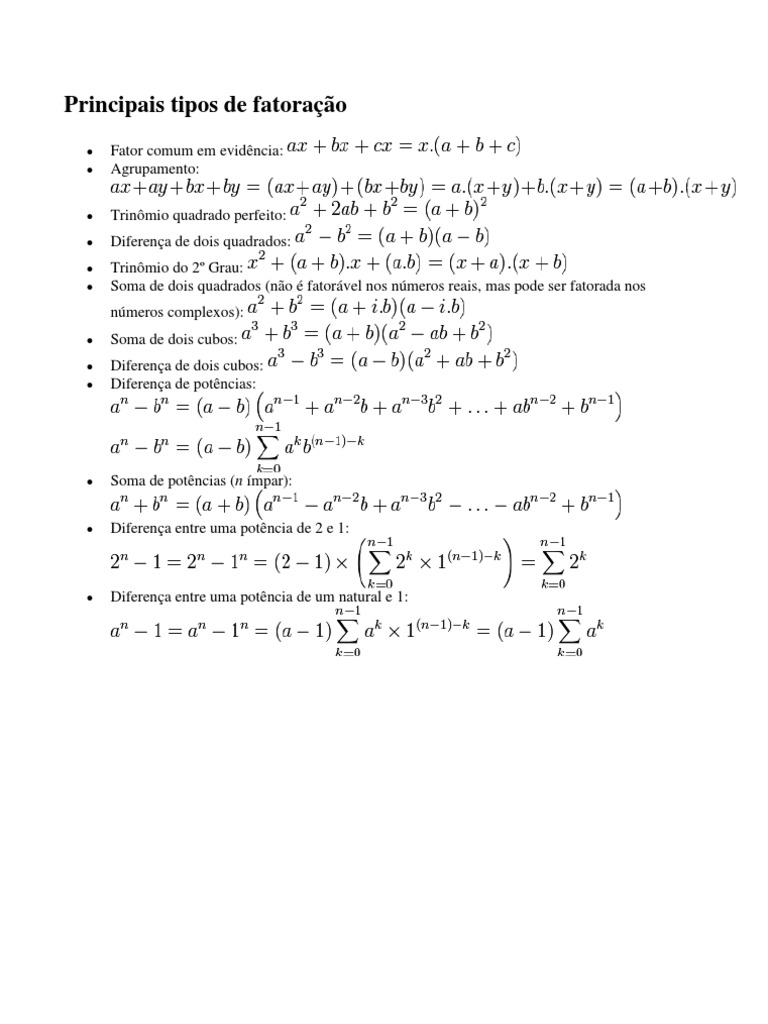 Principais tipos de fatoração matemática | PDF