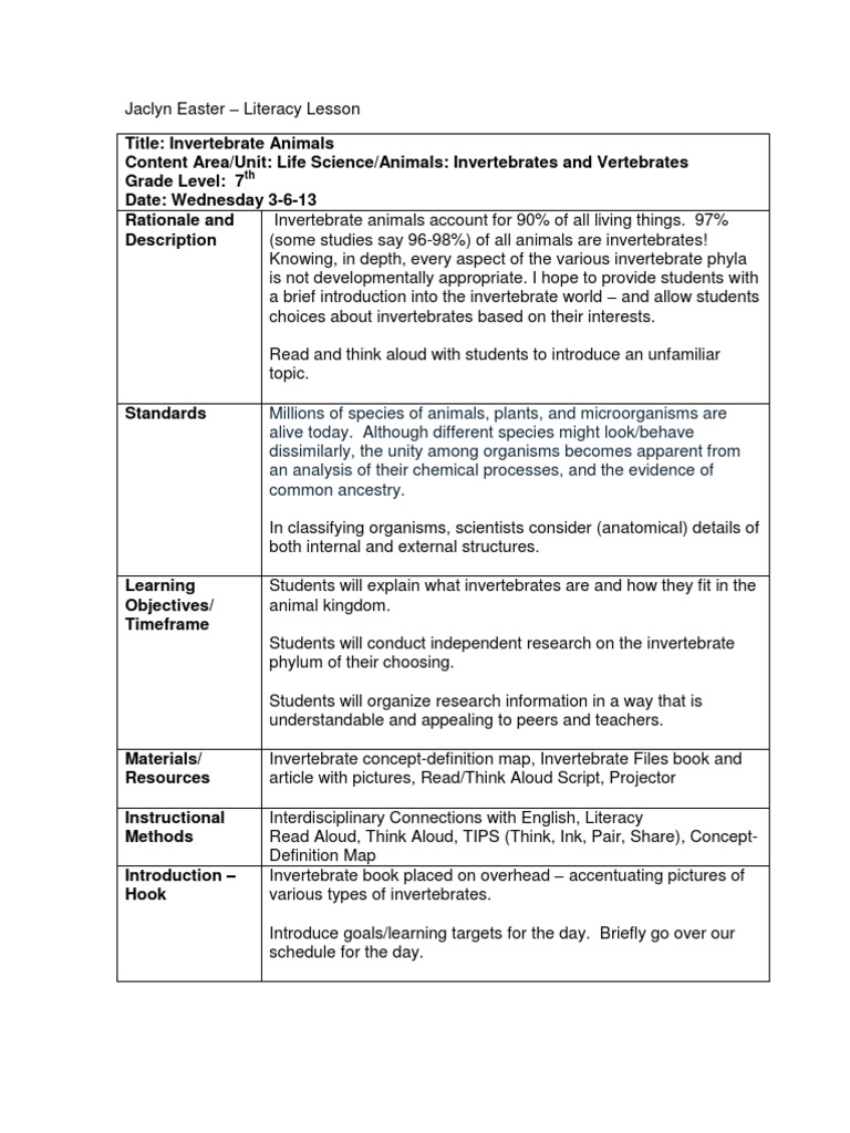 Invertebrate Literacy Lesson | Download Free PDF | Invertebrate ...