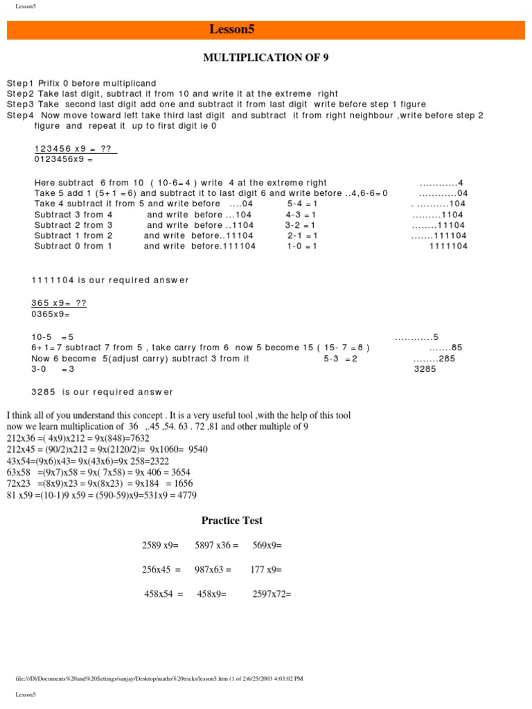 Multiplication Tricks for 9s | PDF | Multiplication | Elementary ...