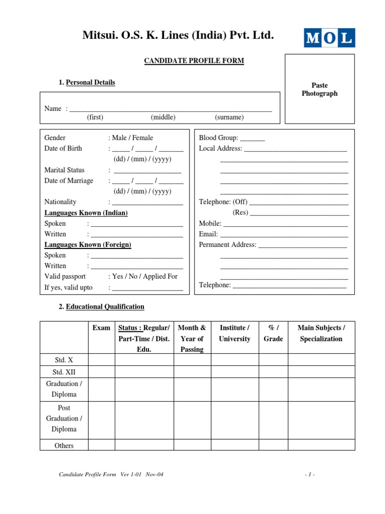 Candidate Profile Form MOL India | PDF | Government | Social Institutions