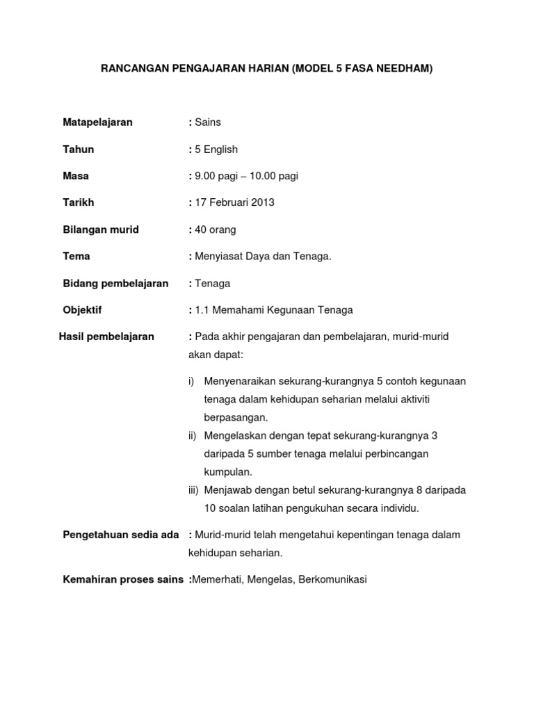 RPH Sains Tenaga - Tahun 5 - (5 FASA NEEDHAM) | PDF