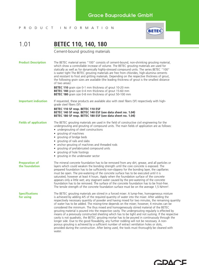 Sample Grout Data Sheets-BETEC 110-140-180 | PDF | Concrete | Chemistry