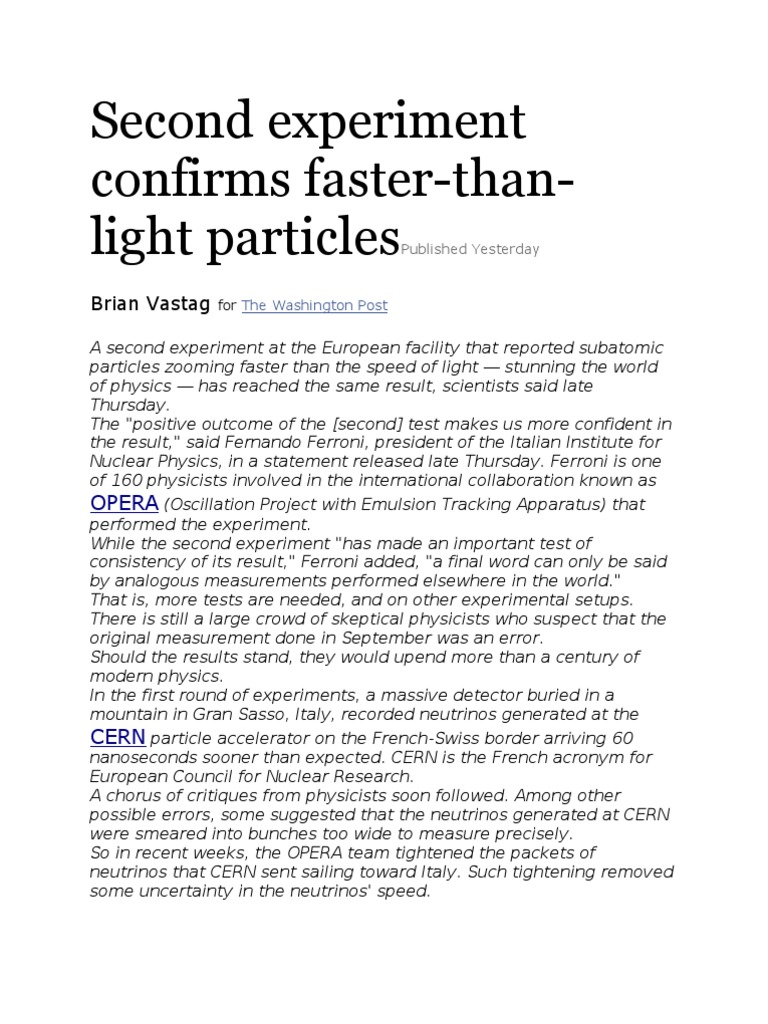 Second Experiment Confirms Faster-Than-Light Particles: Brian Vastag ...