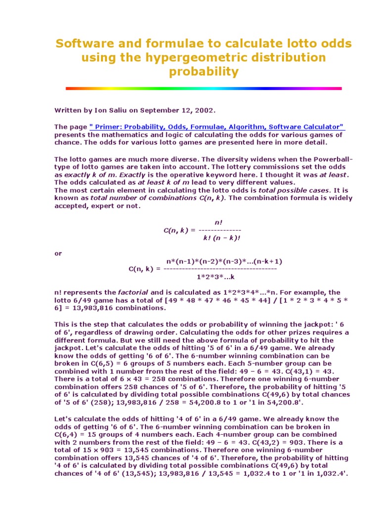 Software and Formulae To Calculate Lotto Odds Using The Hypergeometric ...