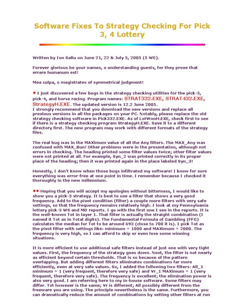 Analyzing Strategies and Software Fixes for Improving Pick 3 and Pick 4 ...