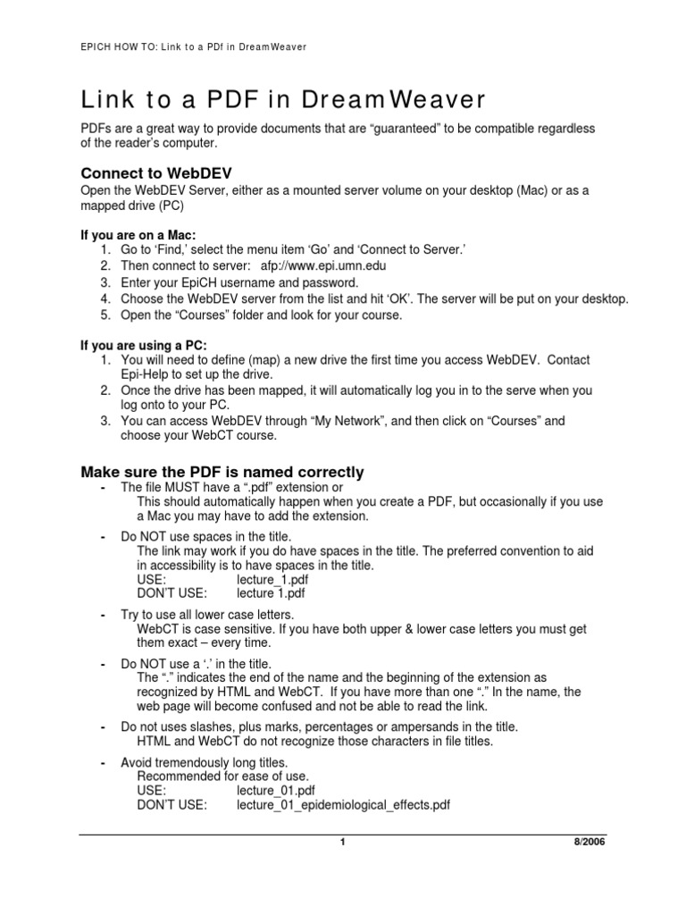 Linking PDFs in DreamWeaver Guide | PDF